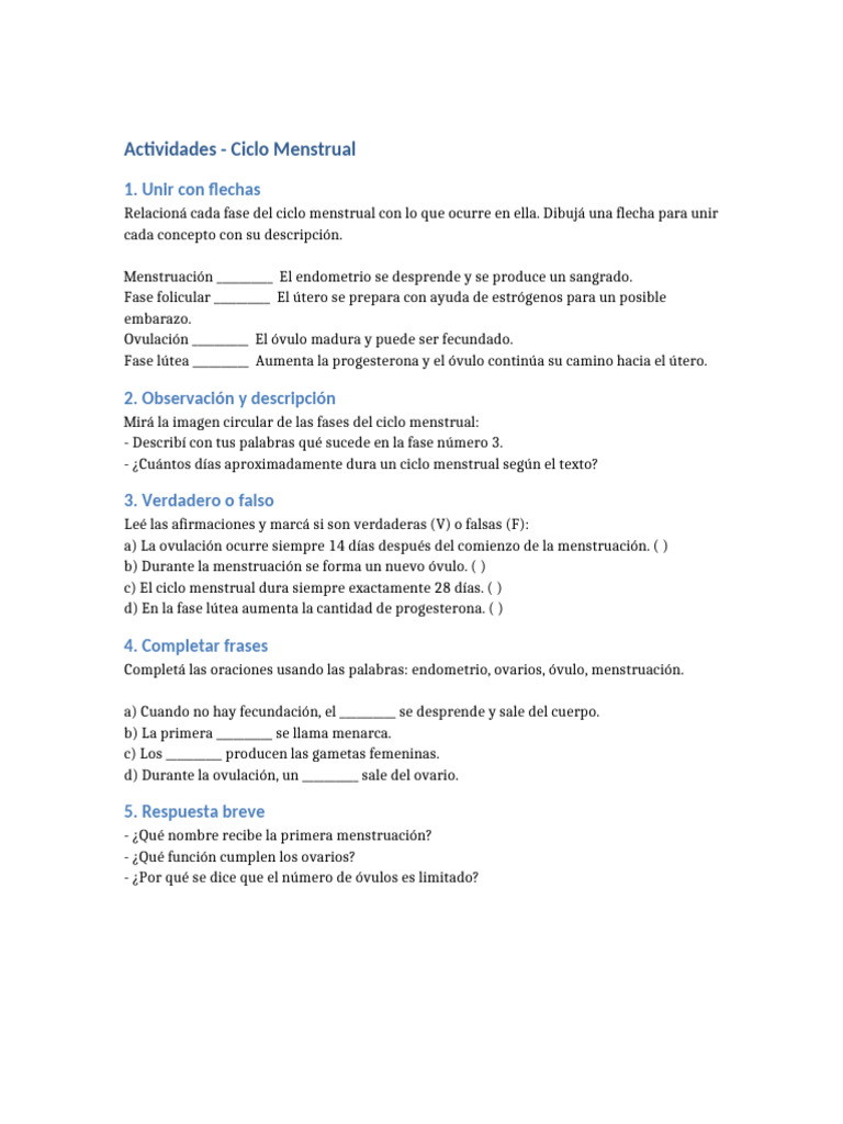 Actividades Ciclo Menstrual Flechas | PDF