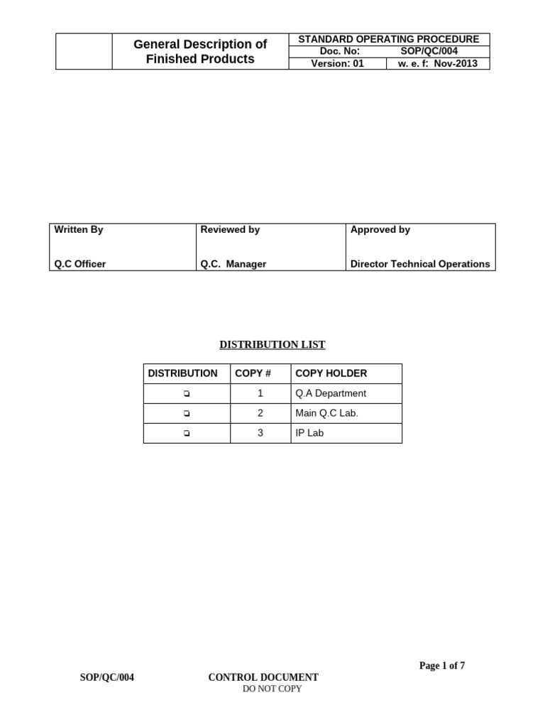 Finished Products SOP Overview | PDF | Shelf Life | Specification ...