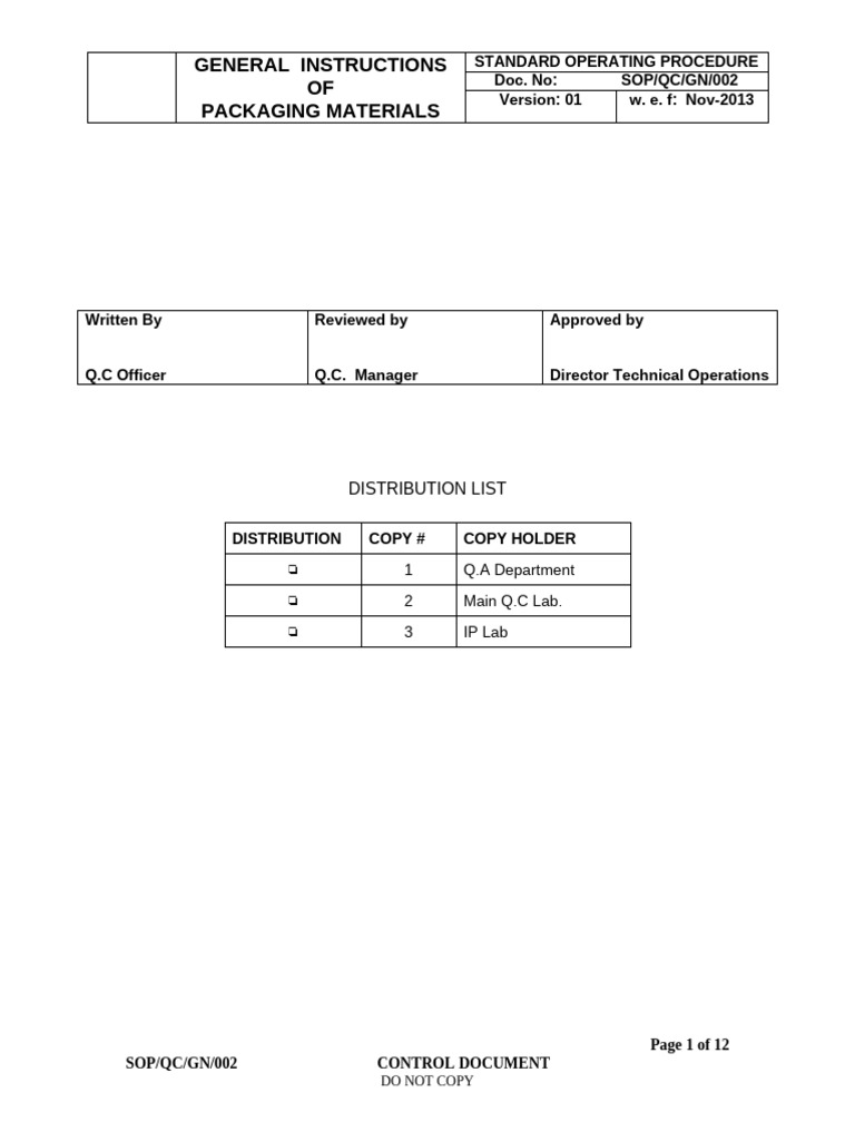 Packaging Materials SOP Guidelines | PDF | Specification (Technical ...