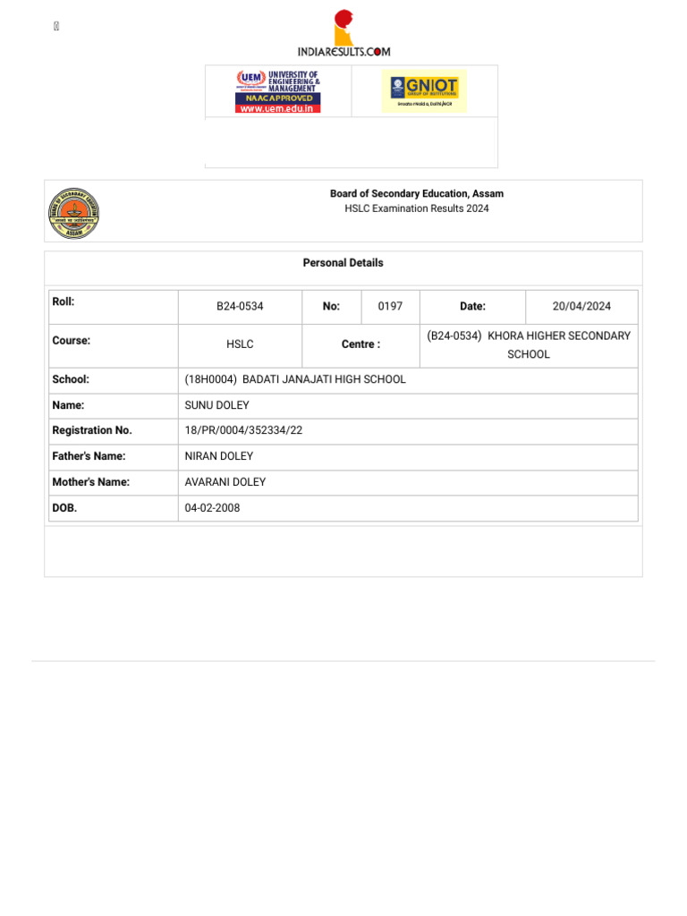 Assam HSLC Exam Results 2024 | PDF