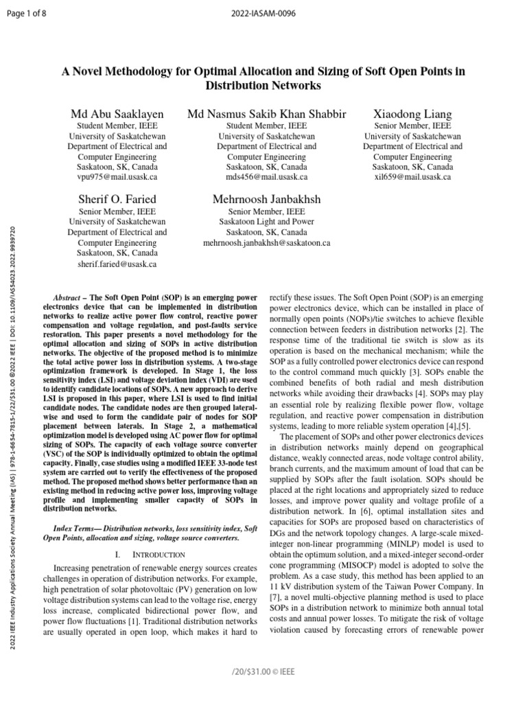 Bb5 A Novel Methodology For Optimal Allocation and Sizing of Soft Open Points in Distribution ...