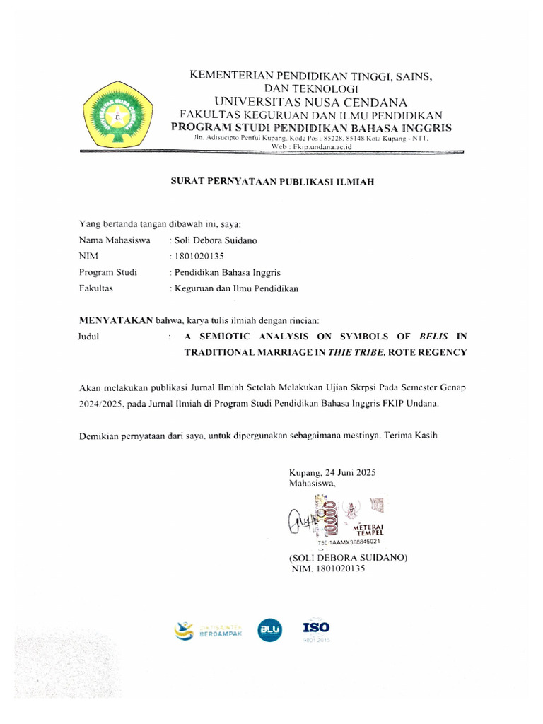 Surat Pernyataan Publikasi Jurnal Ilmia | PDF