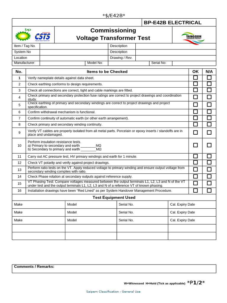 Voltage Transformer Testing Checklist | PDF | Transformer ...
