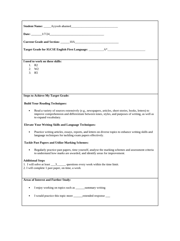 IGCSE English A* Target Plan | PDF