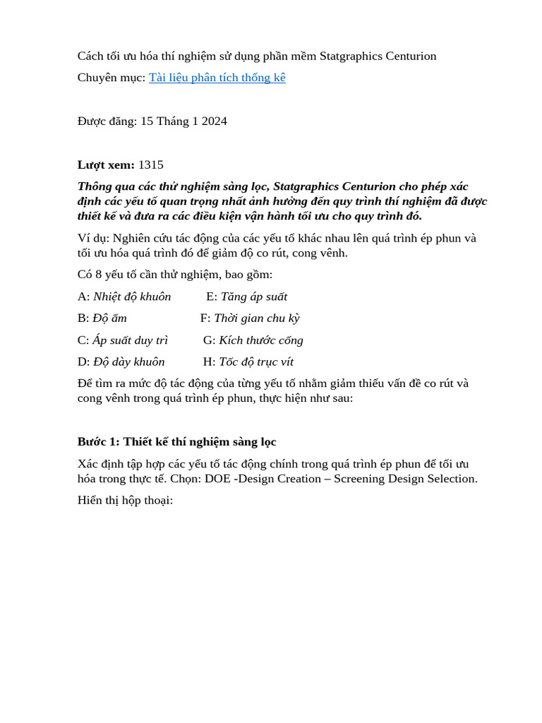 Cach Toi Uu Hoa Thi Nghiem Su Dung Phan Mem Statgraphics Centurion | PDF