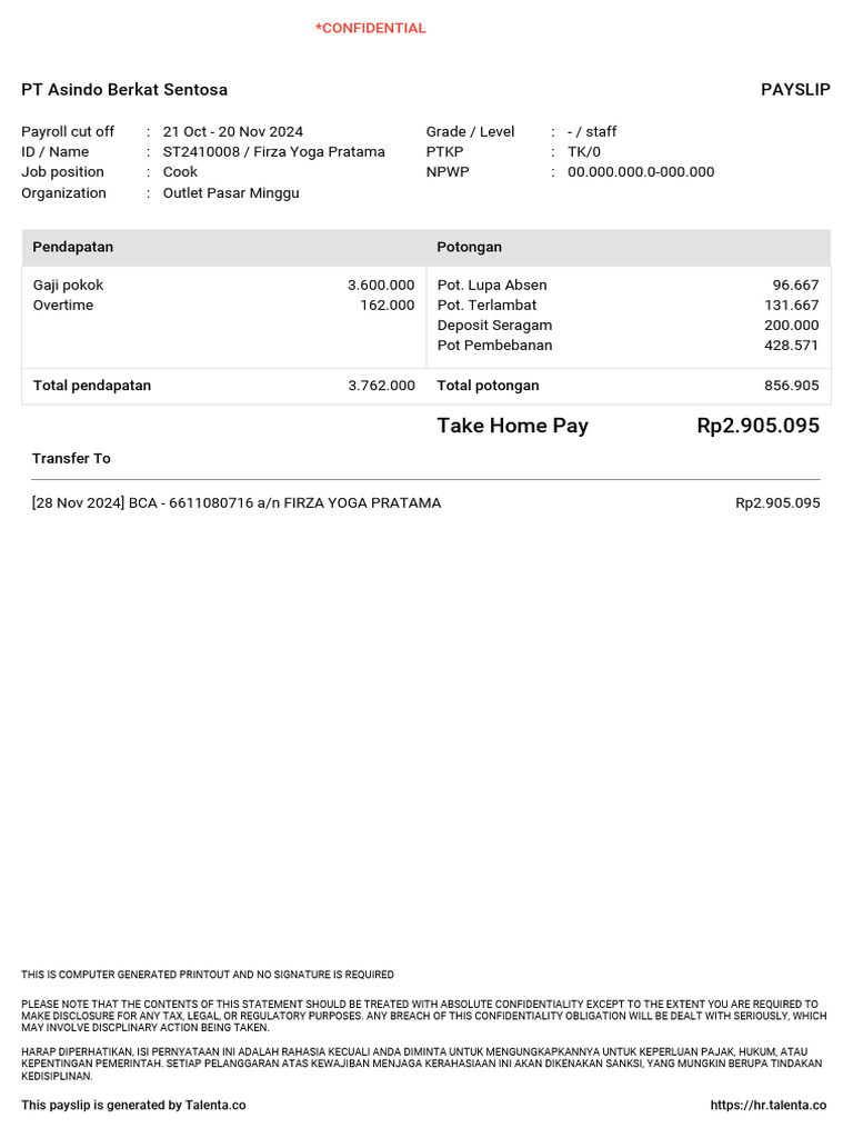 Talenta Payslip PT Asindo Berkat Sentosa 11 2024 Firza Yoga Pratama | PDF