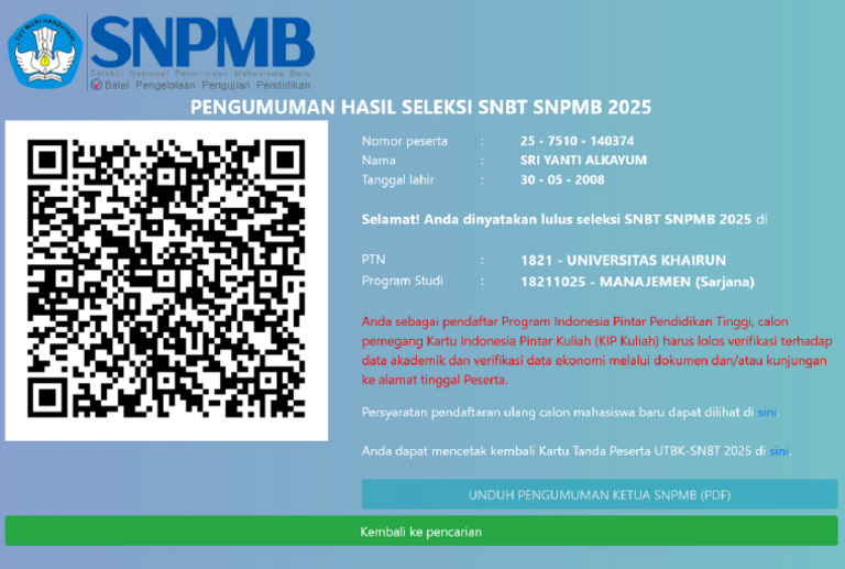 Hasil Selesksi SNBT SNPMB | PDF