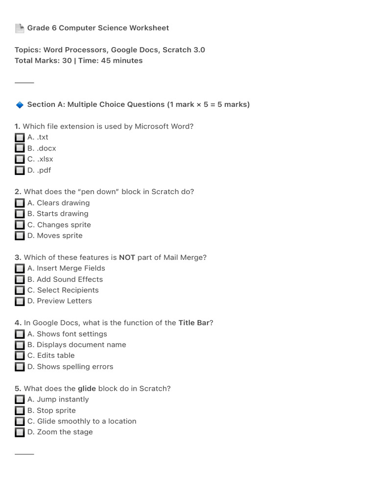? Grade 6 Computer Science Worksheet | PDF