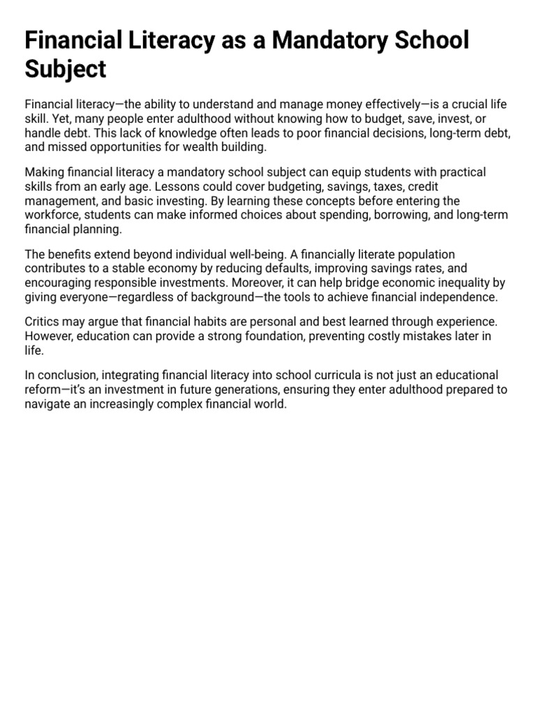 Financial Literacy As A Mandatory School Subject | PDF