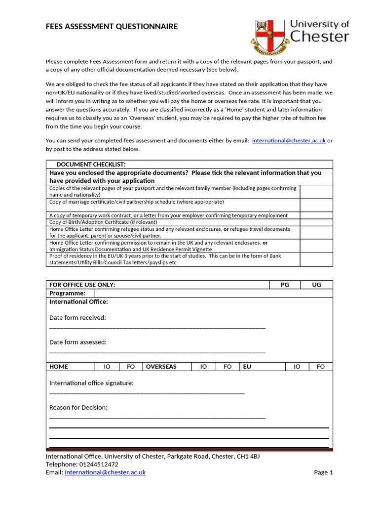 Fees Assessment Questionnaire 1 | PDF | Human Migration | Globalization