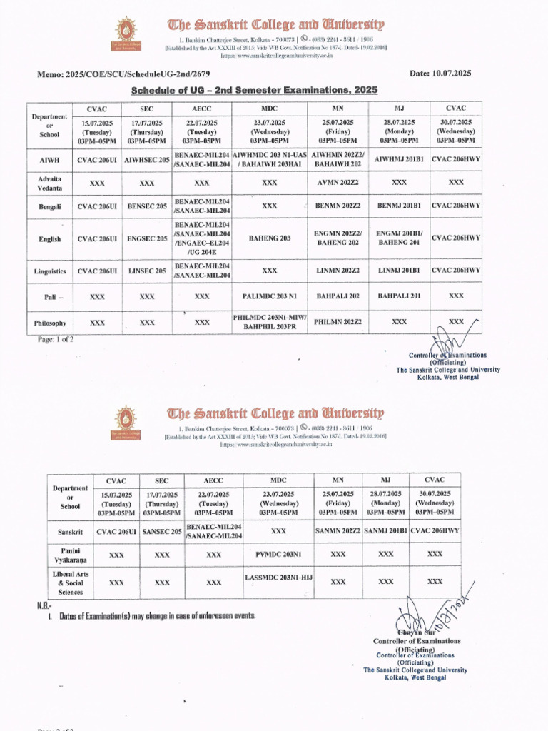 Schedule of UG - 2nd Semester Examinations, 2025 | PDF