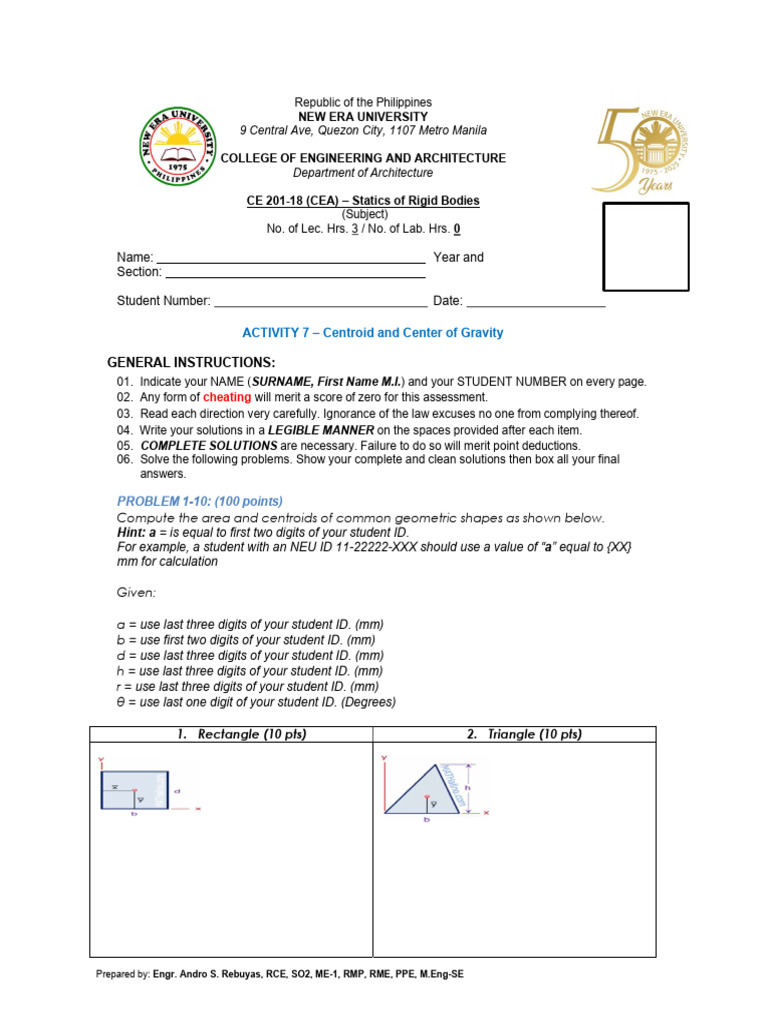 Activity 7 Centroid and Center of Gravity | PDF | Geometric Shapes ...