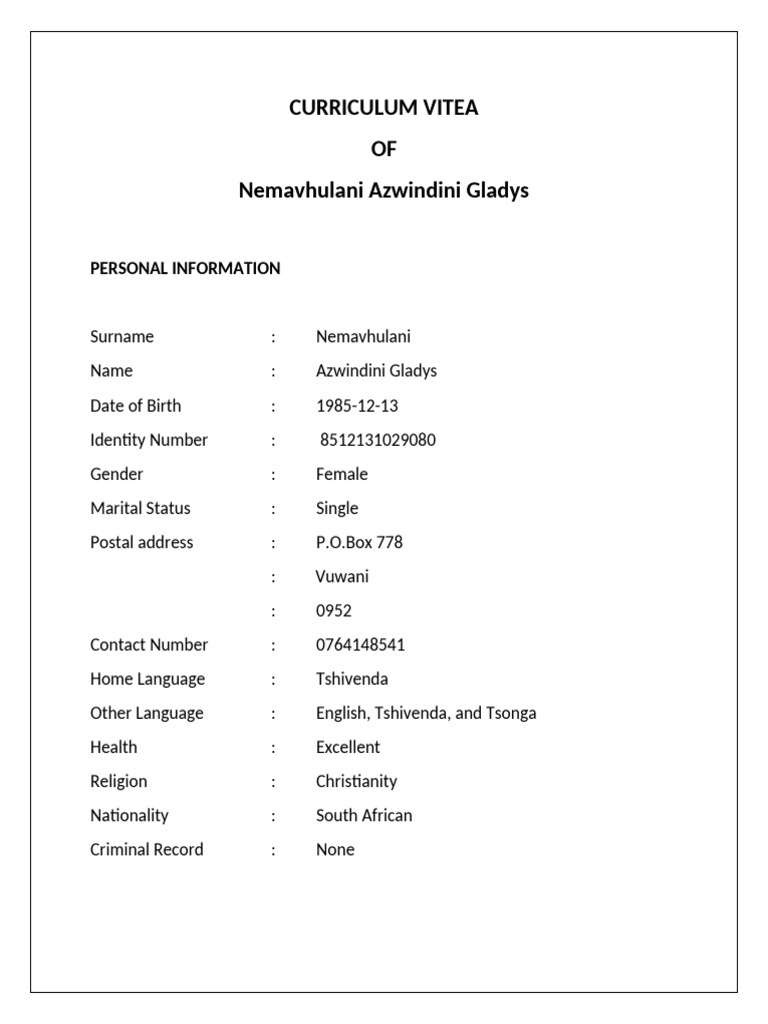 CURRICULUM VITEA of Azwindini Nemavhulani - 043404 | PDF