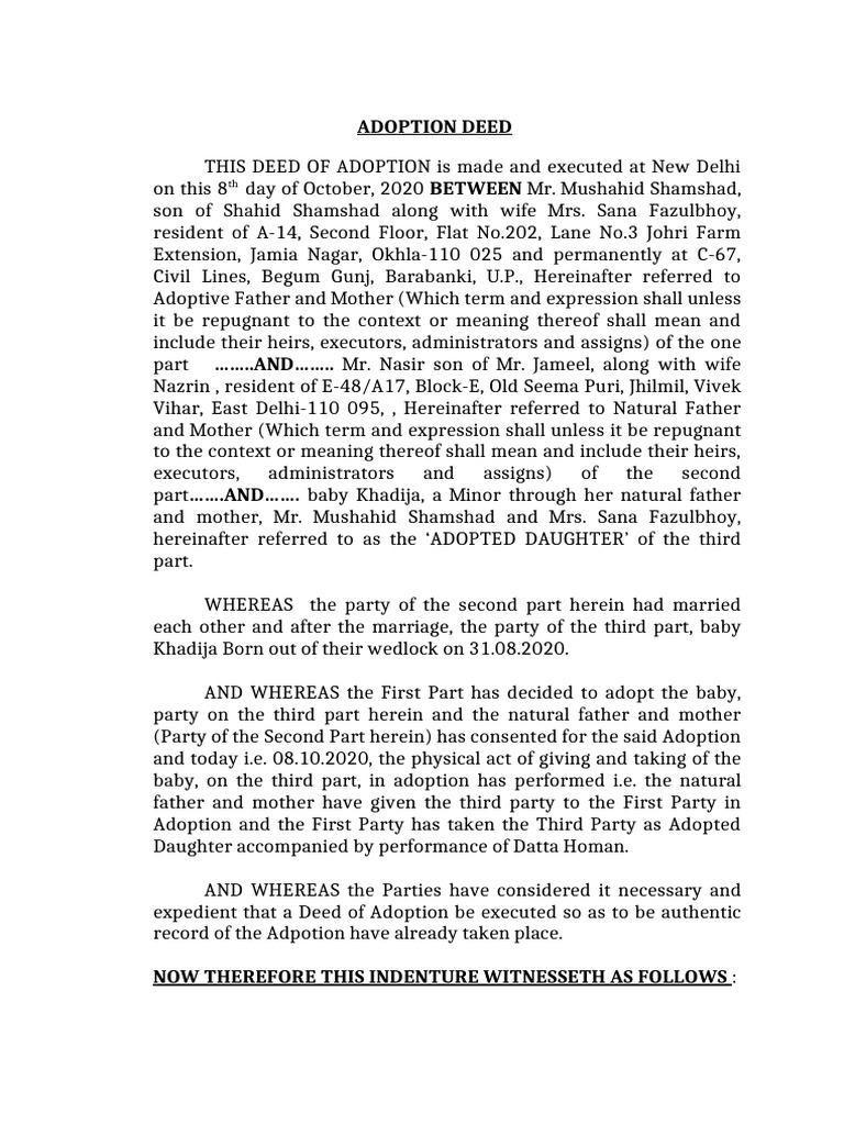 Adoption Deed | PDF | Civil Law (Common Law) | Living Arrangements