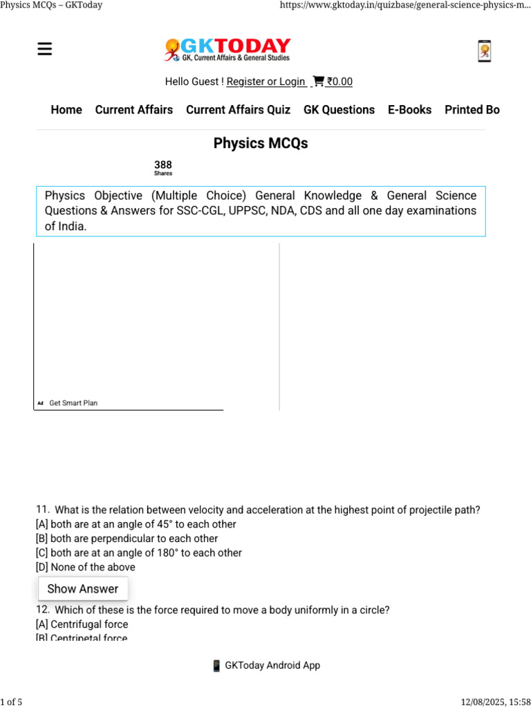 Physics MCQs - GKToday | PDF | Force | Acceleration