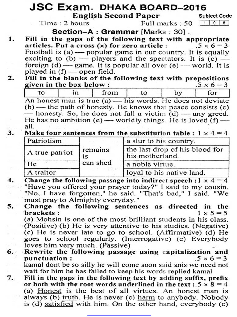 JSC English 2nd Paper Model Questions | PDF