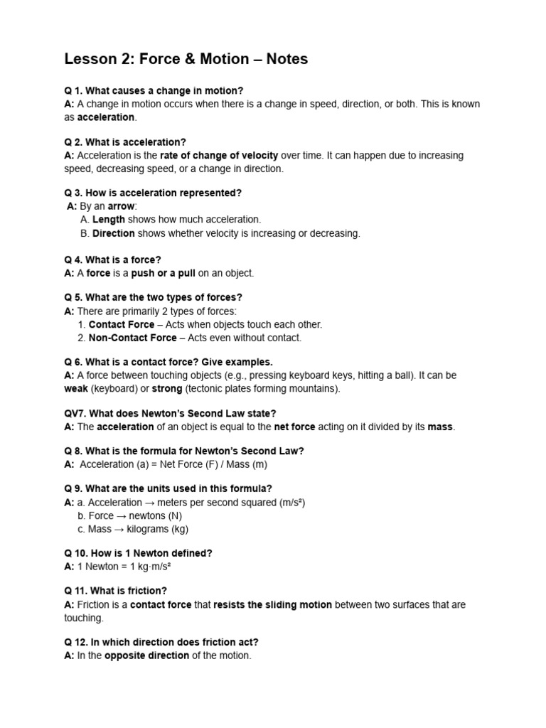 Force and Motion: Key Concepts Notes | PDF | Force | Acceleration