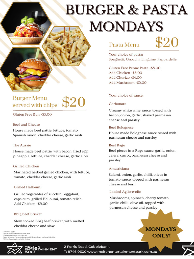 Monday Night Burger and Pasta Mondays Menu V2 | PDF | Pasta | Hamburgers
