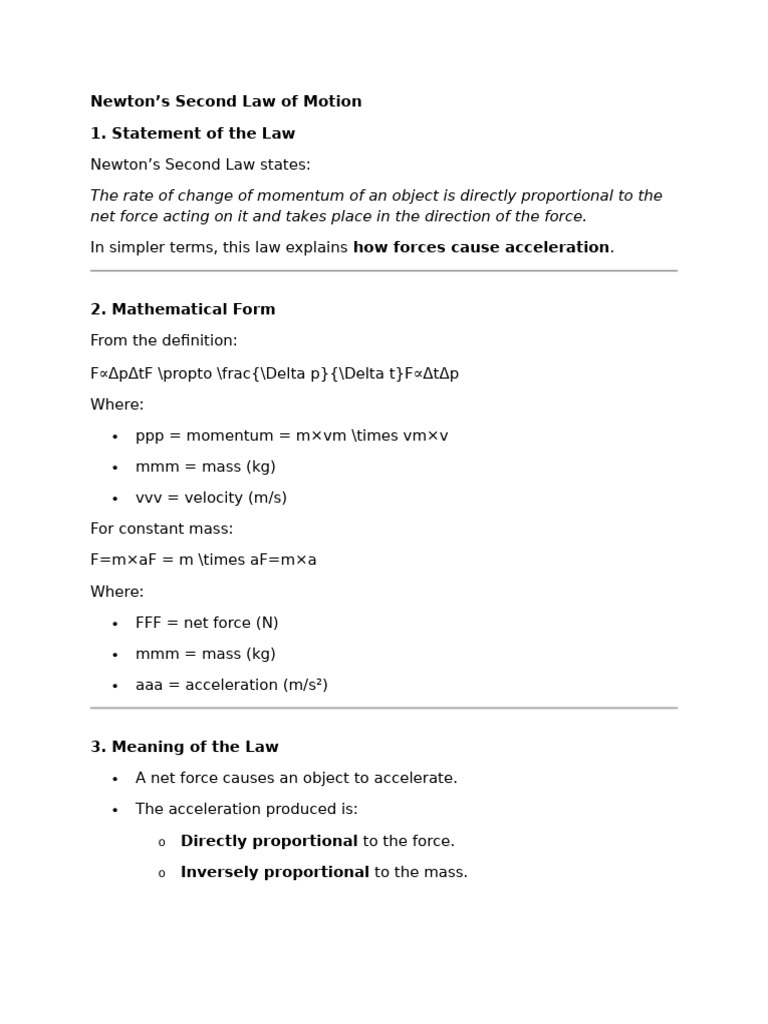 Newton's Second Law Notes | PDF