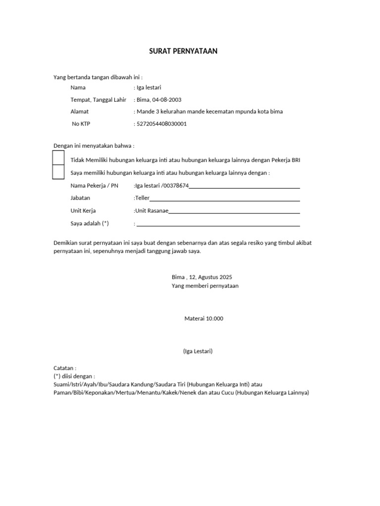 Iga Lestari Surat Pernyataan Hubungan Keluarga | PDF