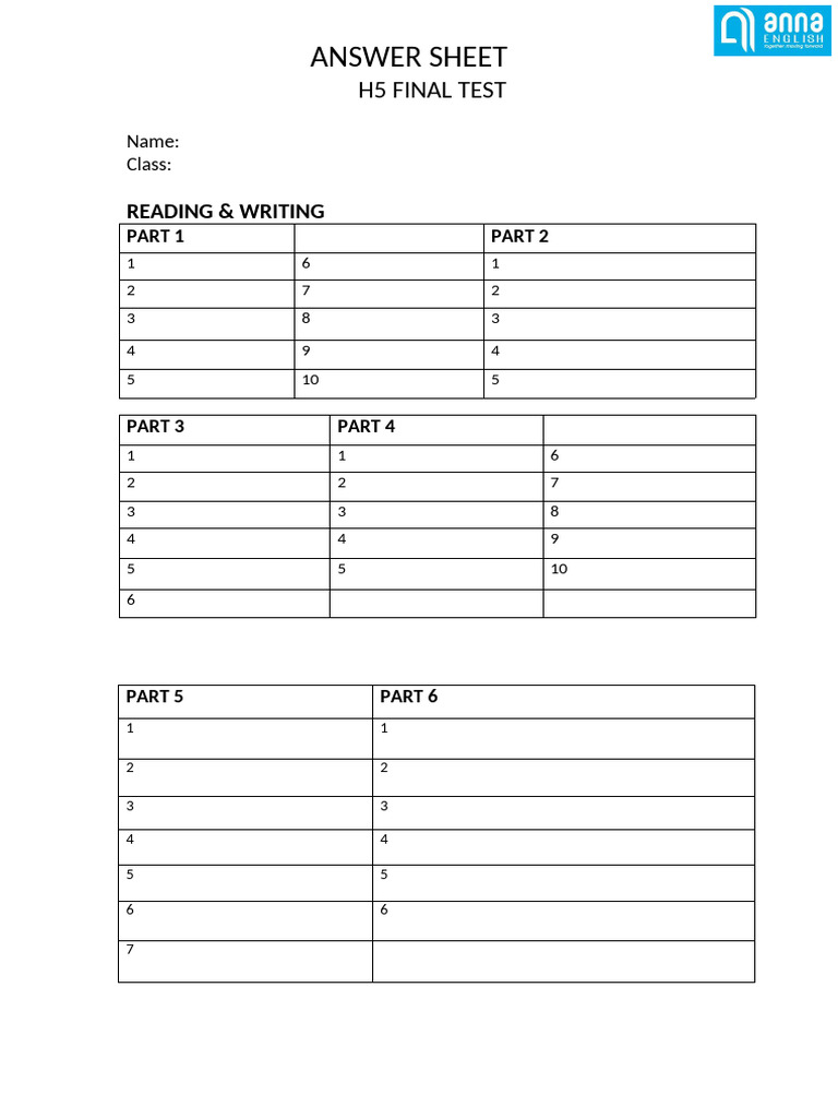 Answer Sheet h5 Final | PDF