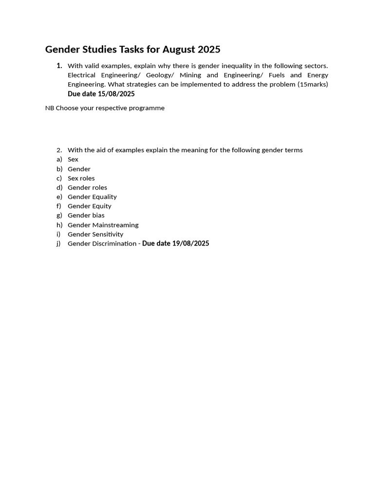 Gender Studies Tasks For August 2025 | PDF