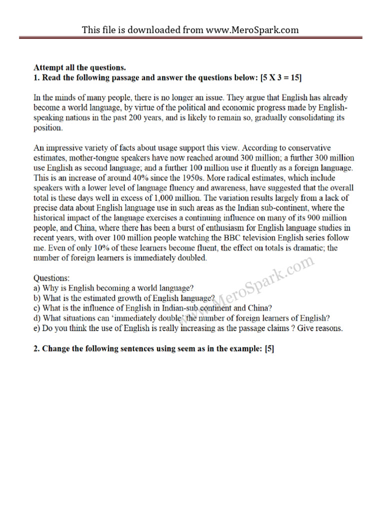 Compulsory English Grade XII Question Paper 2070 BS - Merospark - Com | PDF