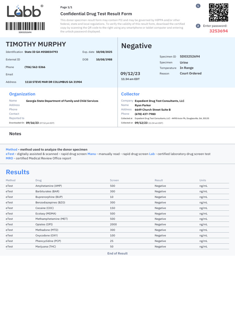 Negative Drug Test Result Summary | PDF | Drug Test | Pharmacology