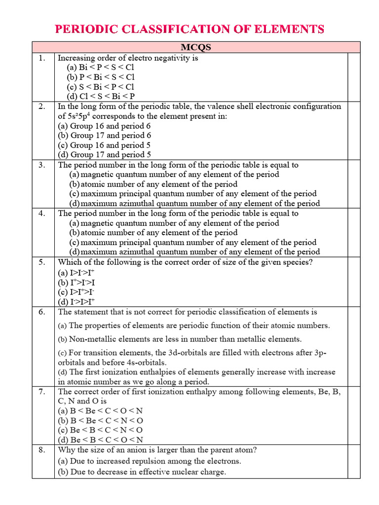 Periodic Classification of Elements MCQs | PDF | Transition Metals ...