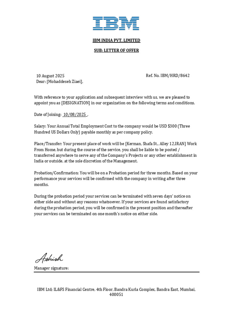 IBM Offer Letter | PDF
