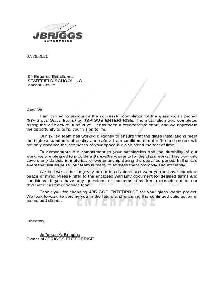 Completion Letter - Sir Estrellano | PDF