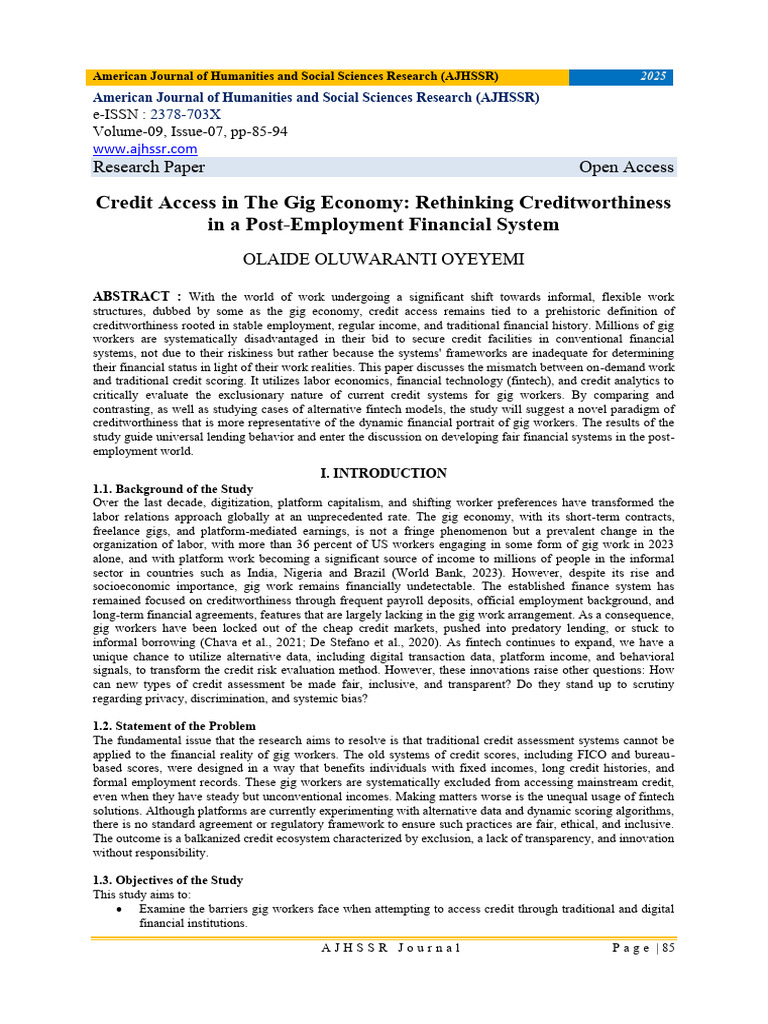 Credit Access in The Gig Economy: Rethinking Creditworthiness in A Post ...