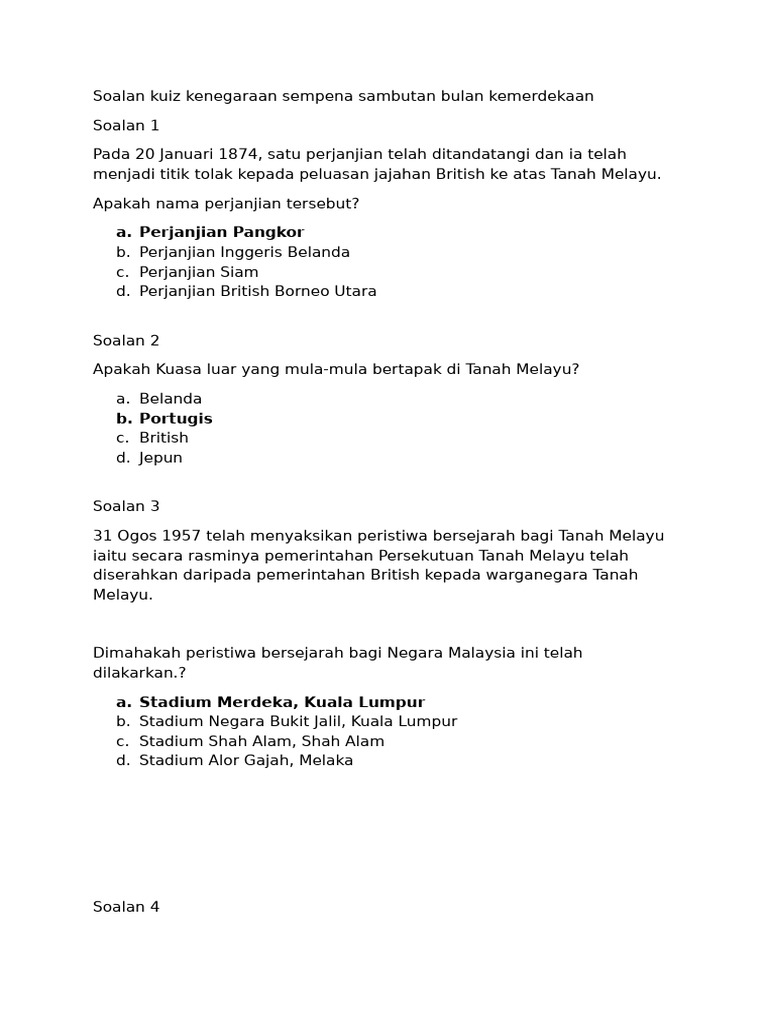 Soalan Kuiz Kenegaraan Sempena Sambutan Bulan Kemerdekaan 2024 | PDF