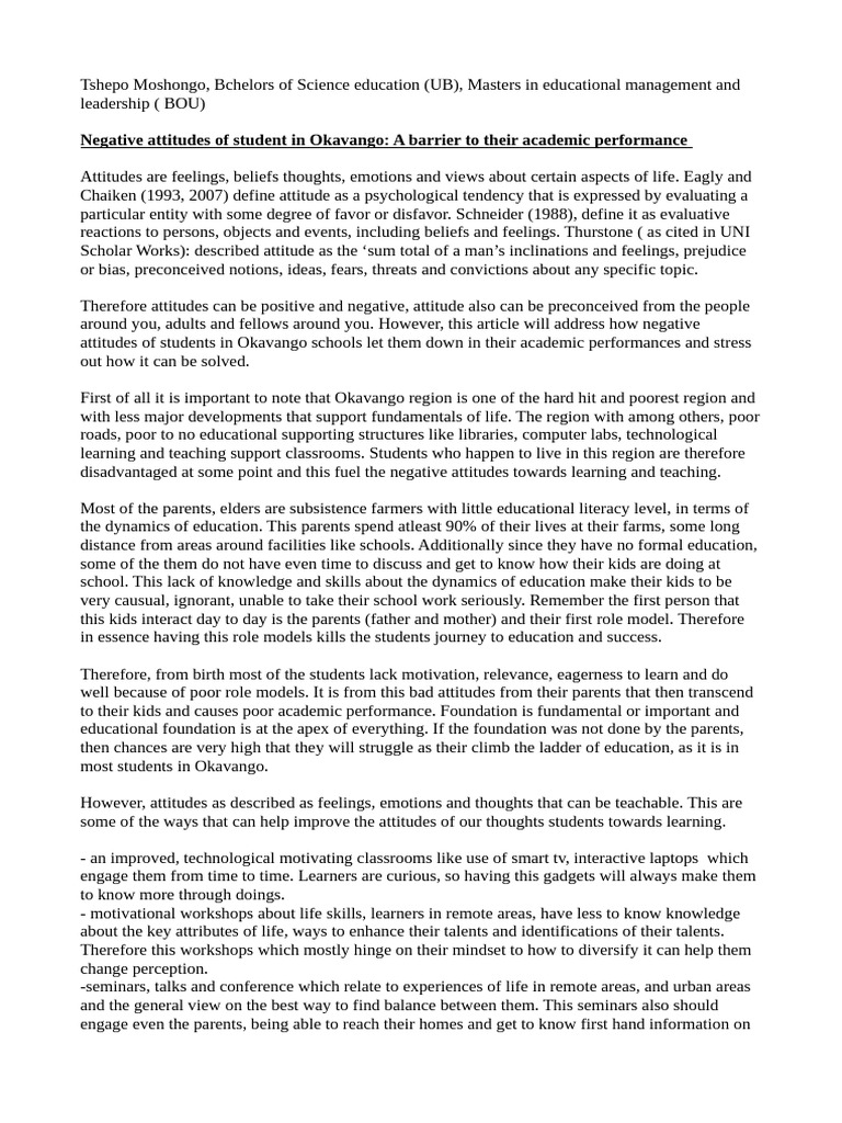 Negative Student Attitudes in Okavango | PDF | Attitude (Psychology ...