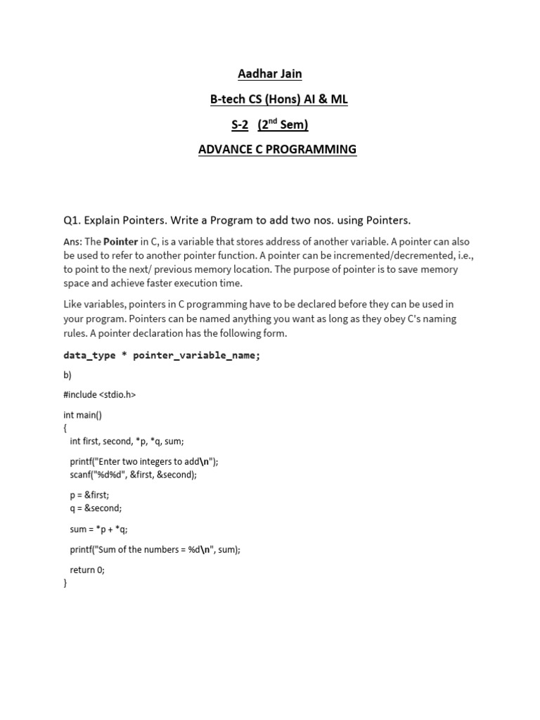 Computer Aadhar Assignment - 1 | PDF | Pointer (Computer Programming) | Integer (Computer Science)