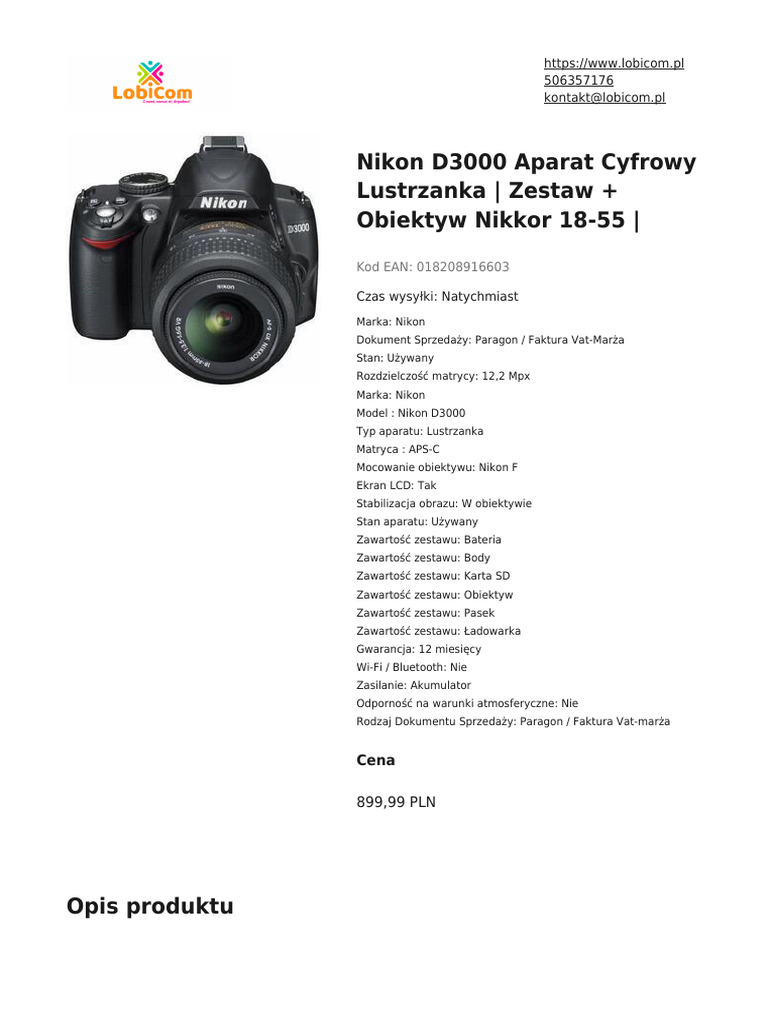 Nikon d3000 Aparat Cyfrowy Lustrzanka Zestaw Obiektyw Nikkor 18 55 | PDF