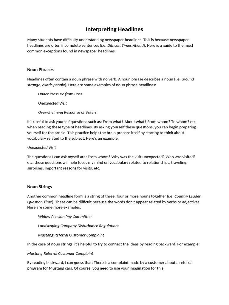 Interpreting Headlines | PDF | Noun | Verb
