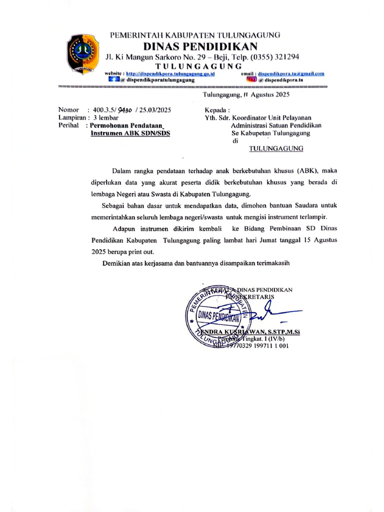 Permohonan Pendataan Instrumen ABK SDN - SDS | PDF