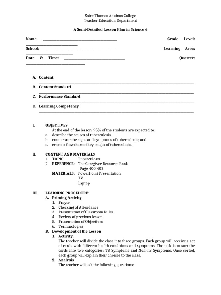 Semi Detailed Lesson Plan Template | PDF | Tuberculosis | Cough