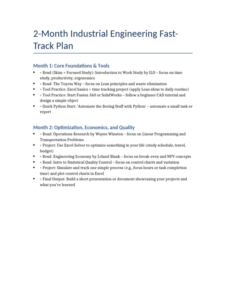 Industrial Engineering 2 Month Fast Track Plan | PDF