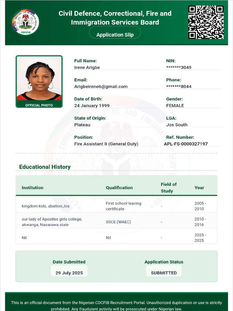 IRENE-SELE ARIGBE-application-slip | PDF