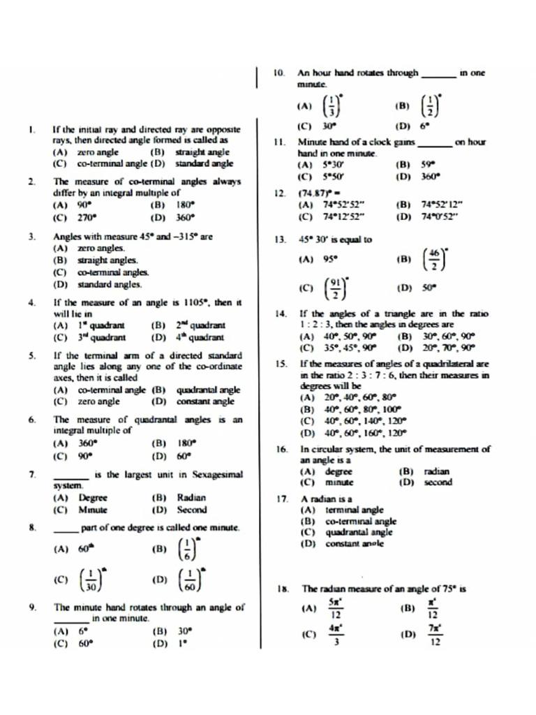 Angle and Its Measurement MCQ With Answer Key | PDF