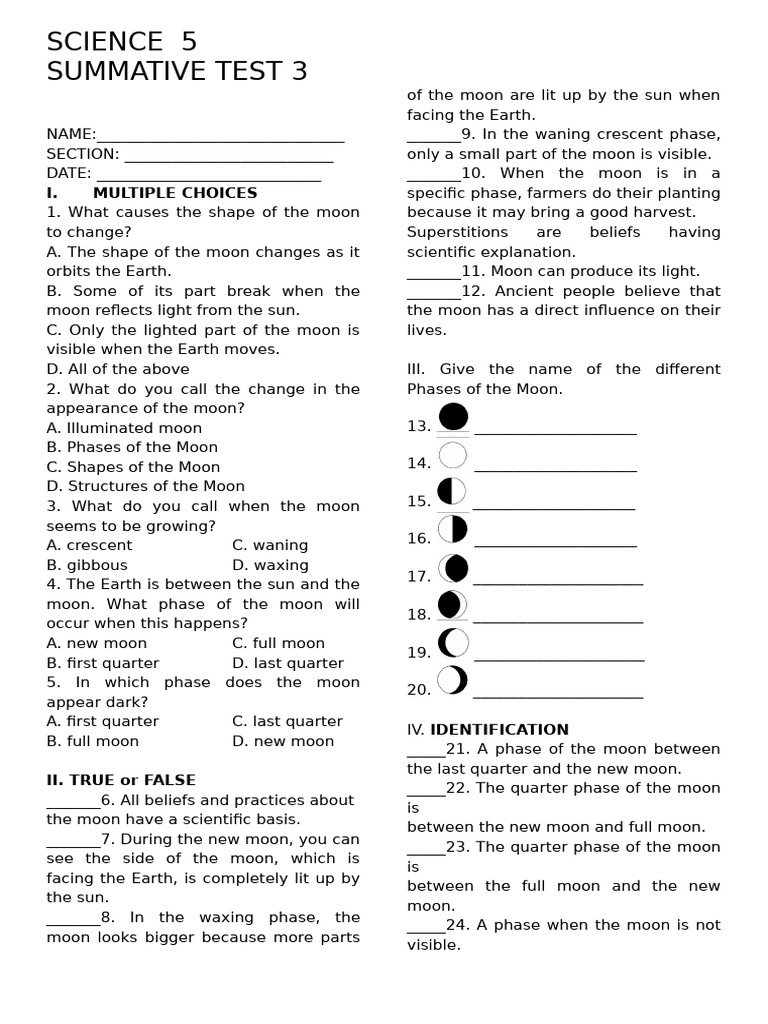 q4 Science 5 Summative 03 | PDF | Moon | Solar System