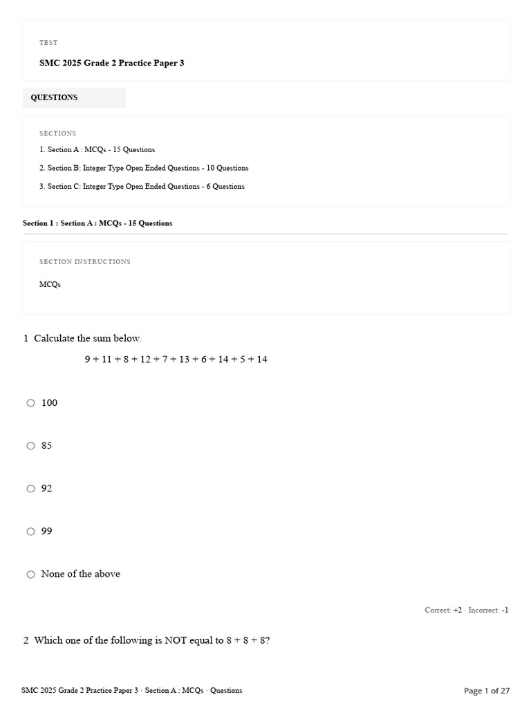 SMC Grade 2 Practice Paper 3 | PDF | Multiple Choice | Mathematics