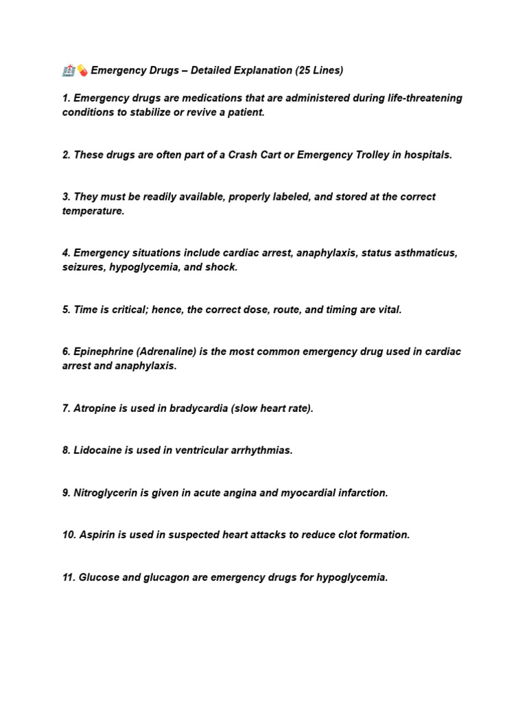 Essential Emergency Drugs Overview | PDF | Cardiac Arrest | Myocardial ...