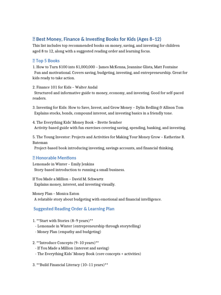 Best Finance Books 8to12 With Reading Plan | PDF
