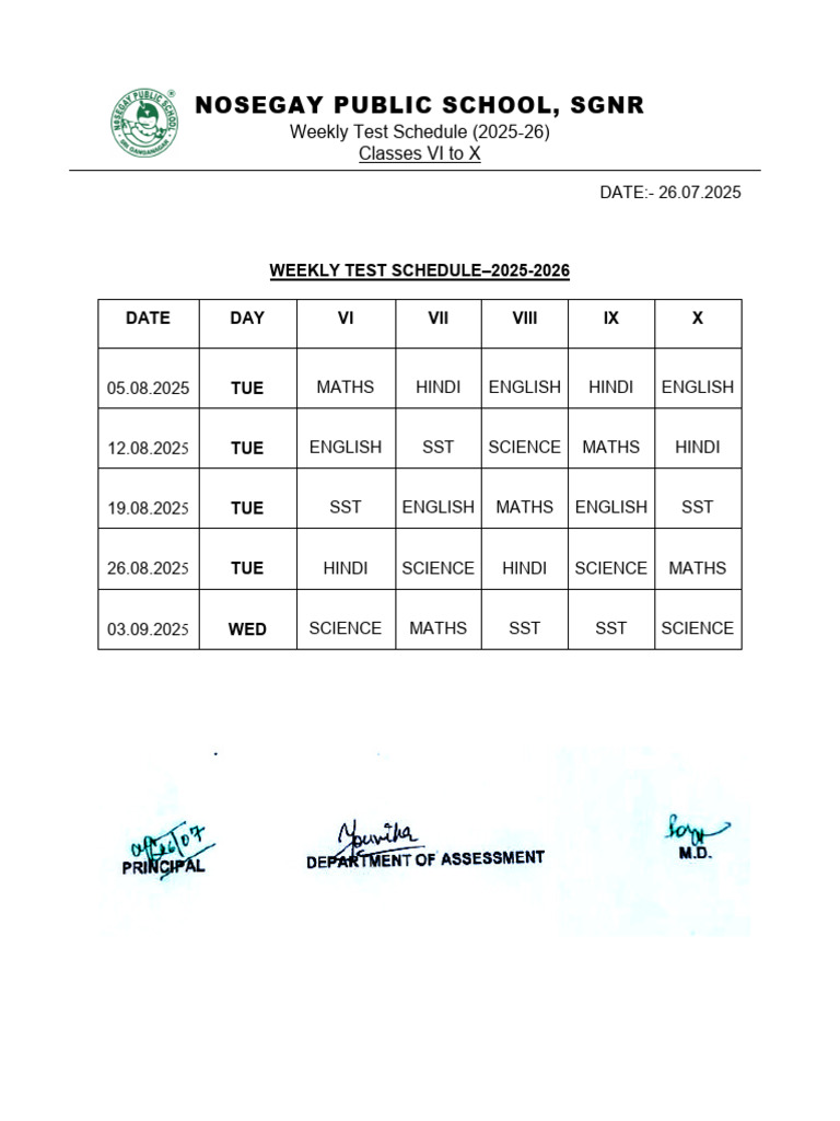 Weekly Test Schedule for Classes VI-X | PDF