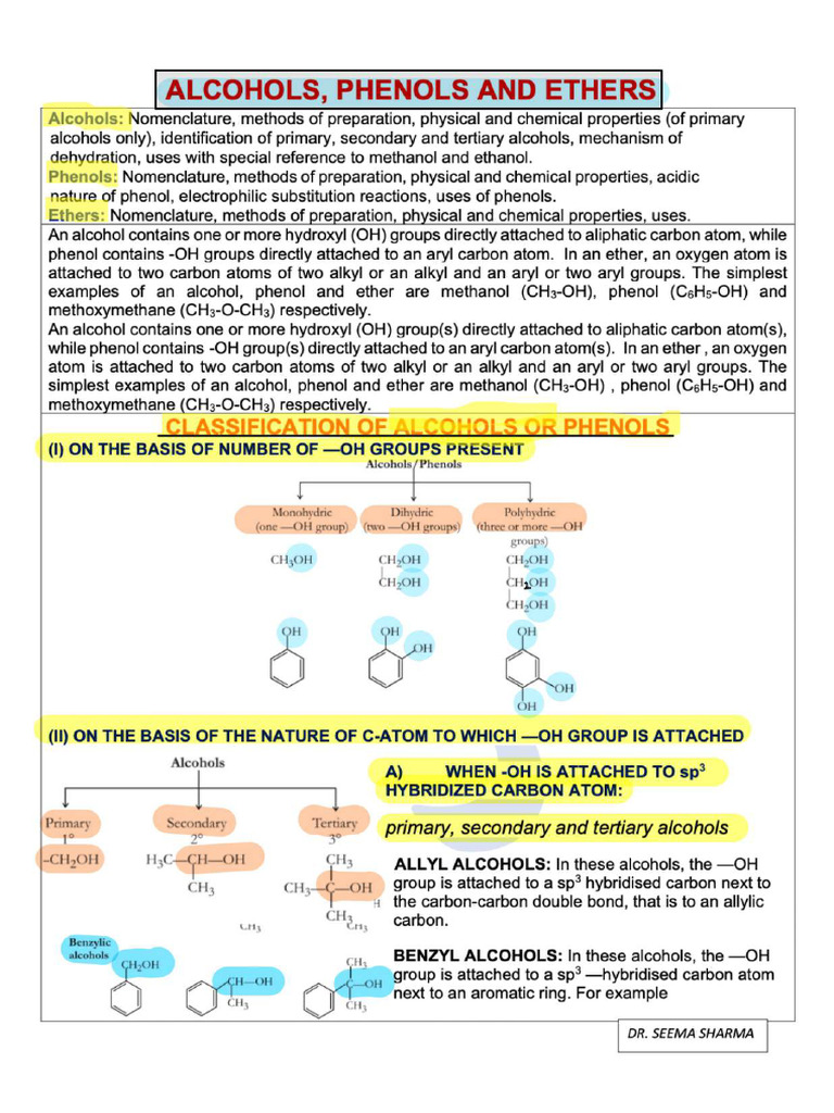 Alcohols, Phenols and Ether Notes - 2024-25 | PDF