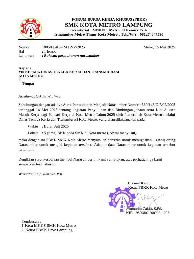 Surat Balasan Ke Disnaker Kota Metro | PDF