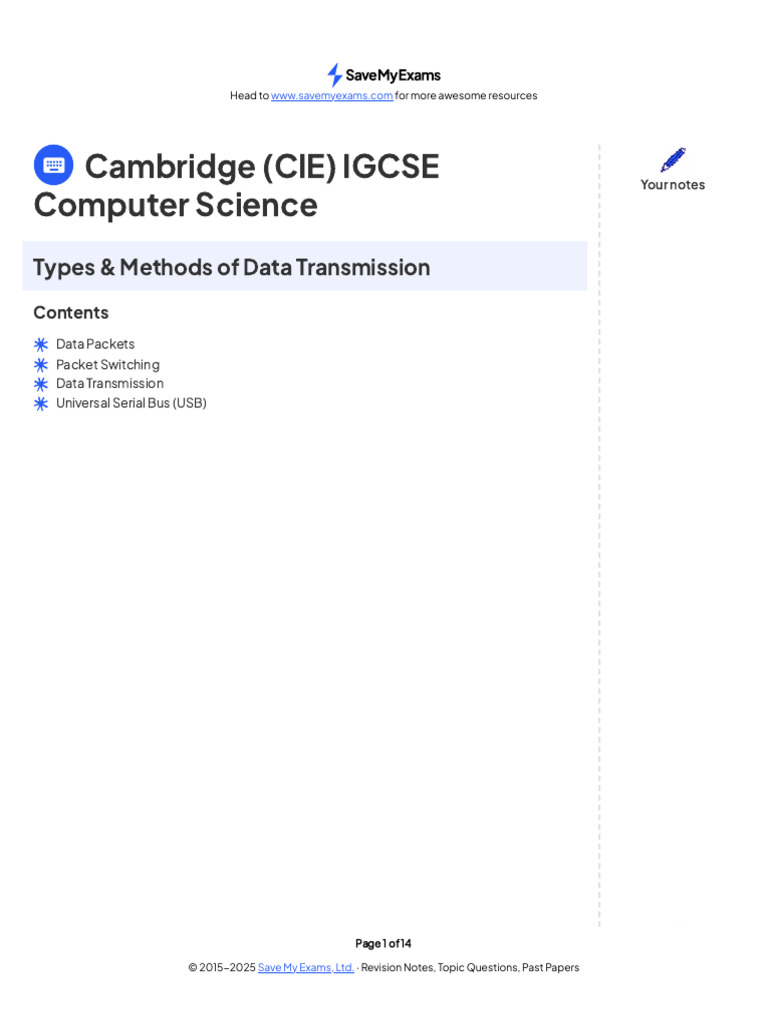 Cambridge (CIE) IGCSE Computer Science: Types & Methods of Data Transmission | PDF | Usb ...